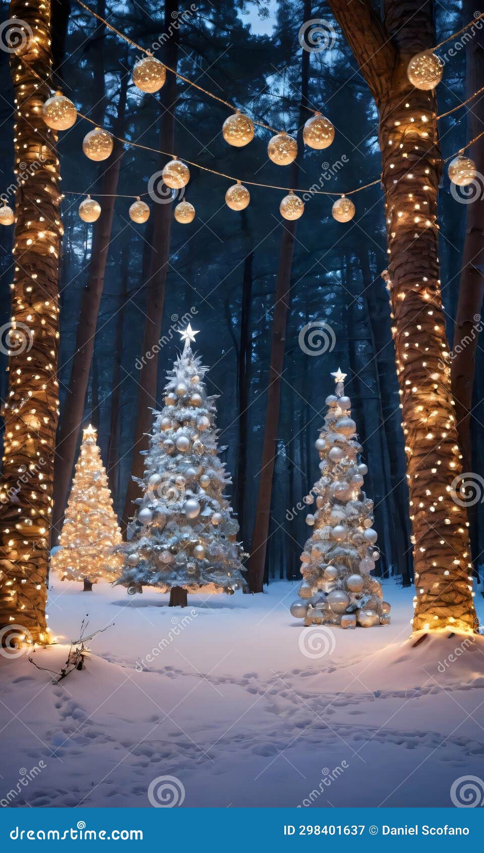 A Festive Forest with Trees Adorned with Ornaments and Lights at Dusk ...