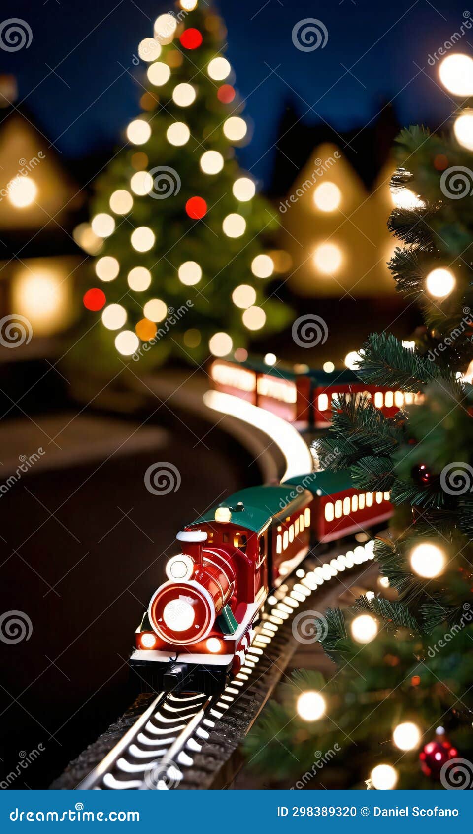 A Festive Train Set Circling a Brightly Lit Christmas Tree at Night ...