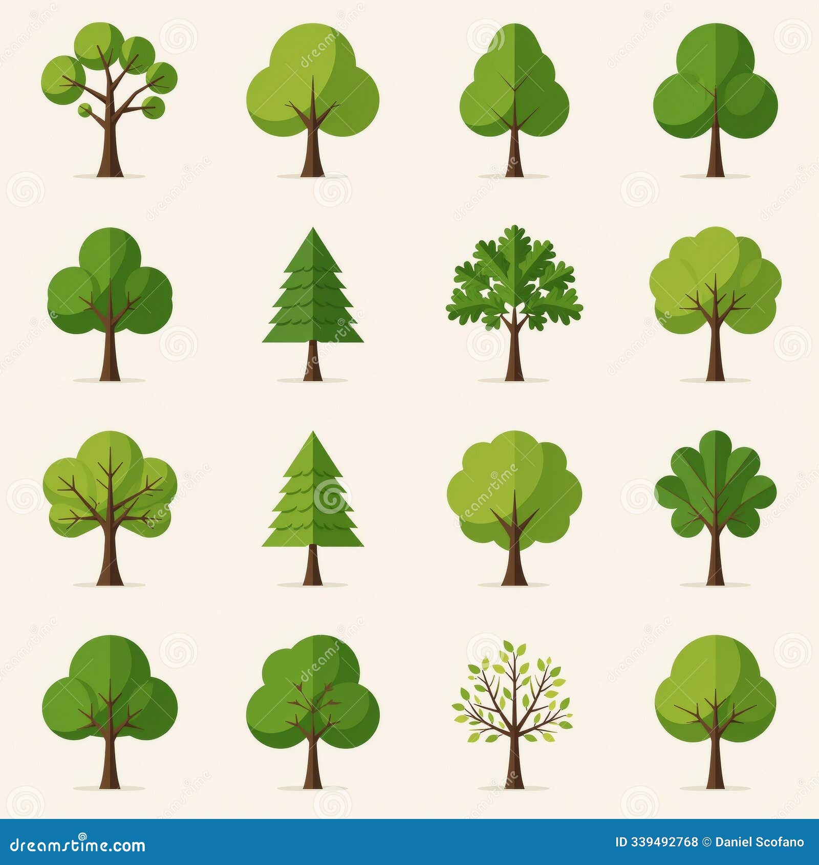 A Flat Design Tree Icon Set Featuring Popular Tree Species in a Vector ...