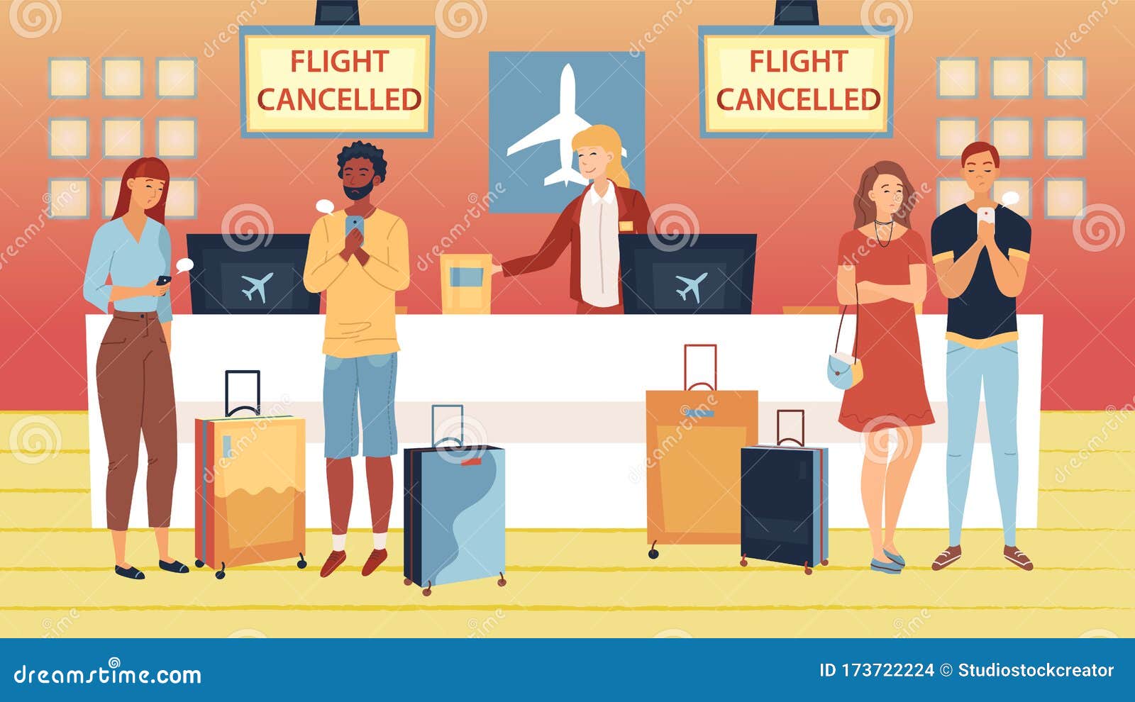 Flight Delay Or Cancel. Vector Flat Cartoon Illustration. Tired ...