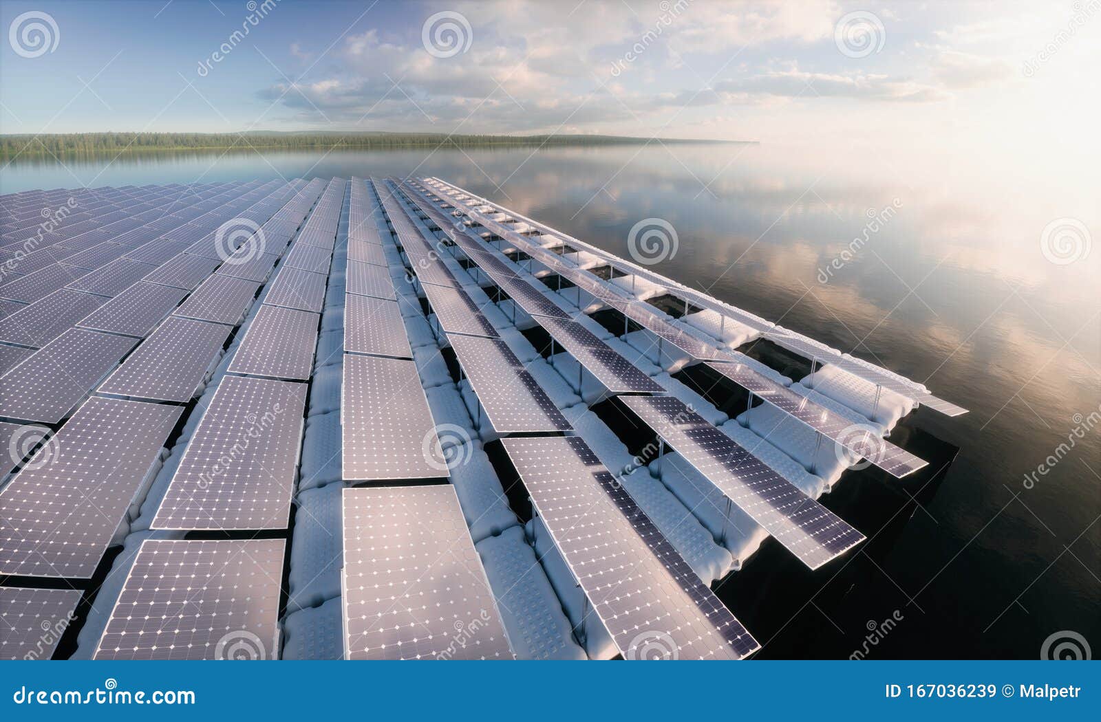 Concept of a Floating Solar Panel Array in Beautifull Calm Morning Lake ...