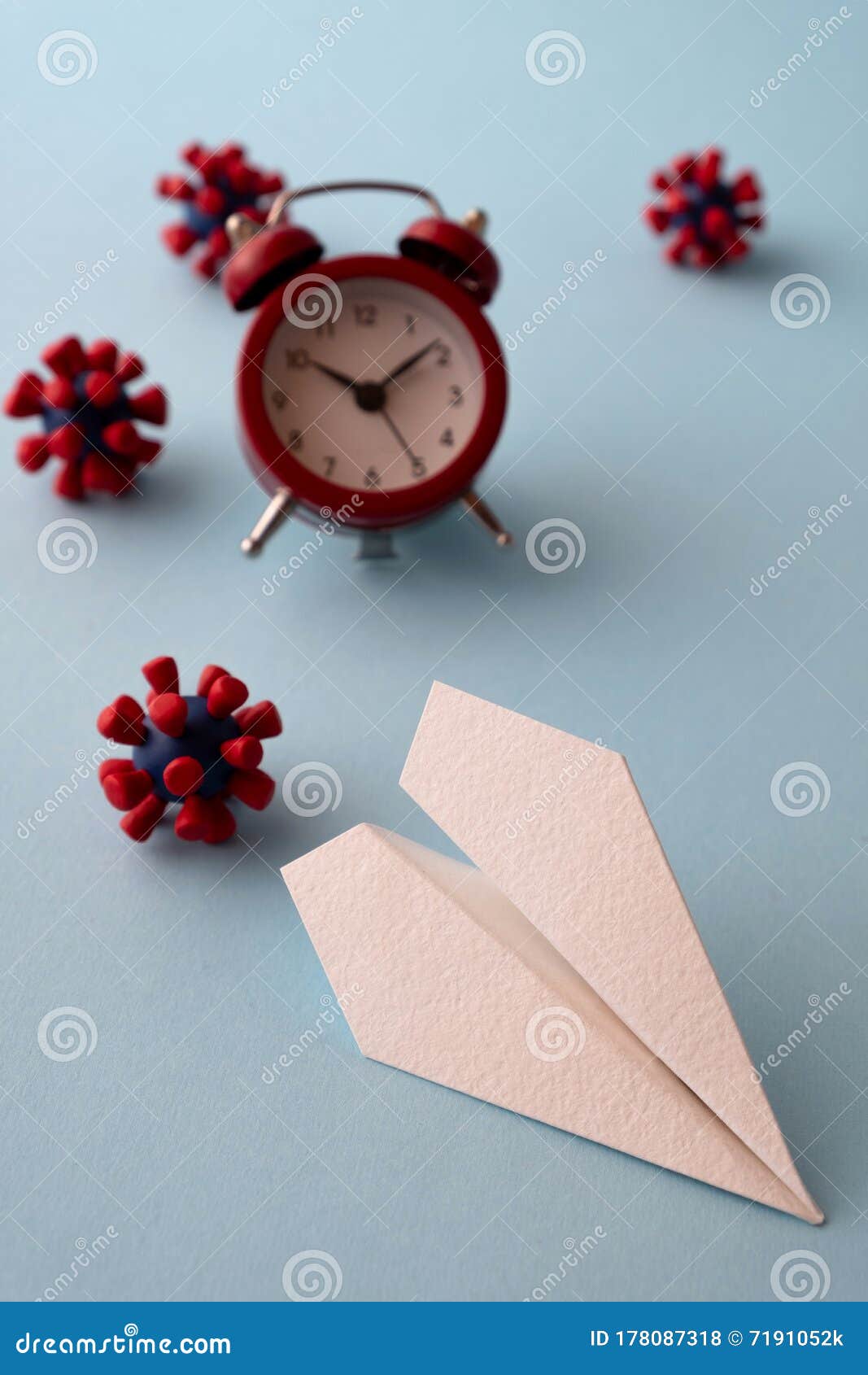 Concept of Fly Danger. Paper Plane and Models of Covid-19 Virus on Blue ...