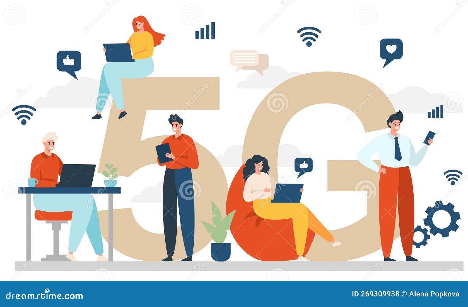 The Concept of 5G Networks. People are Sitting on the Internet, Working ...