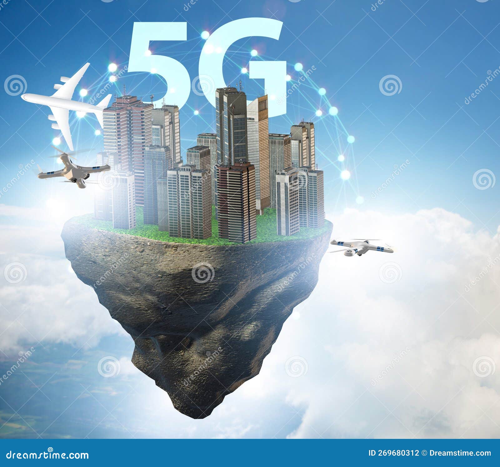 Concept of 5g Technology with Floating Island Stock Illustration ...