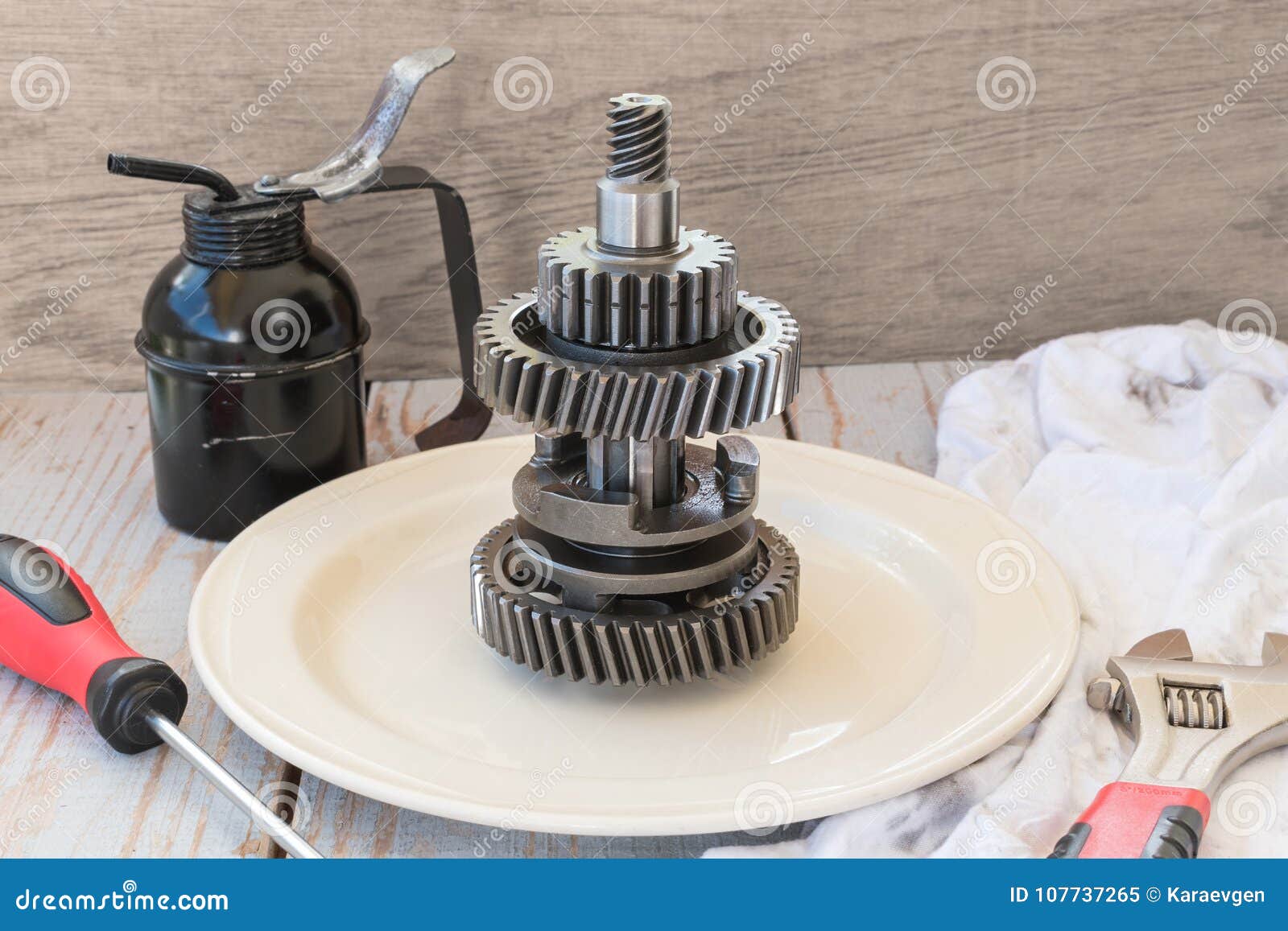 The Gear is Located on a Plate on a Wooden Table Stock Image - Image of ...