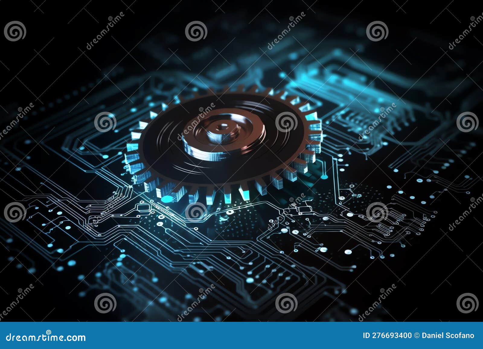 Gear Wheel on the Circuit Board, Illustration Hitech, Engineering, and ...