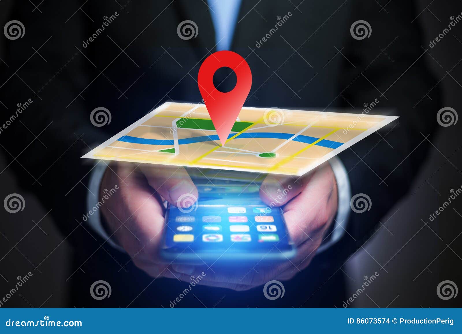 Concept of Geographical Localization on a Map with a Smartphone Stock ...