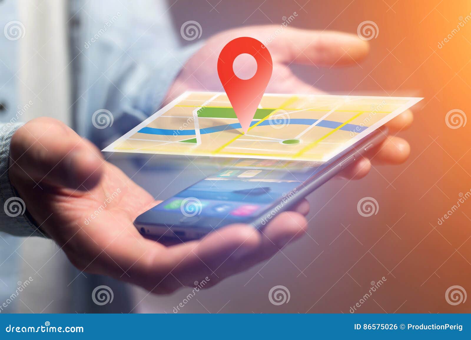 Concept of Geographical Localization on a Map with a Smartphone Stock ...