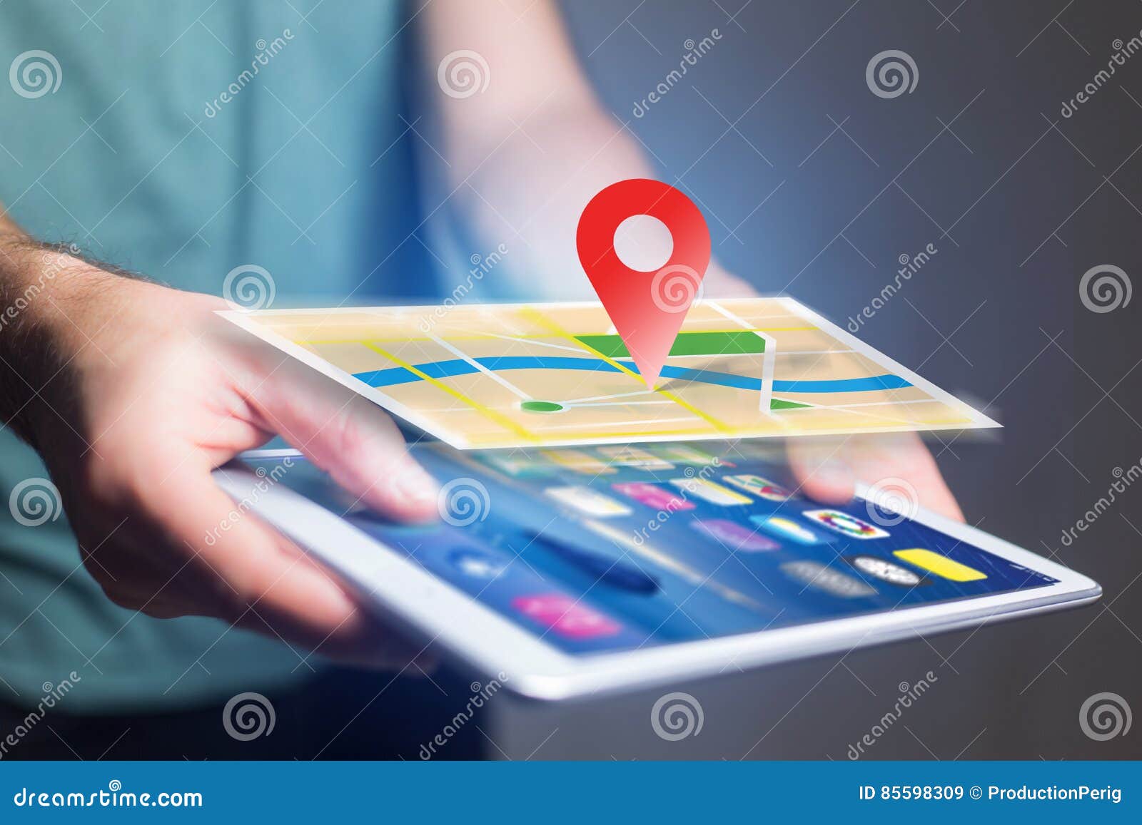 Concept of Geographical Localization on a Map with a Tablet Stock Image ...