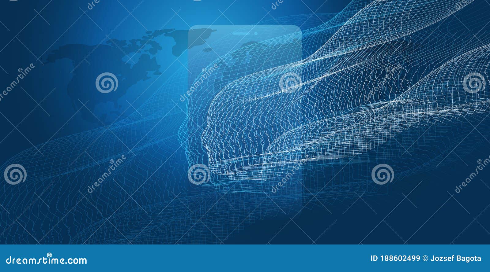 Concept with Geometric Network Mesh, World Map and Smartphone Stock ...