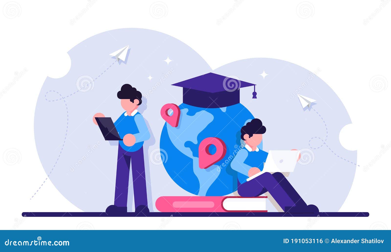 Concept of Global Education. Boy Standing in Front of Books and Globe ...