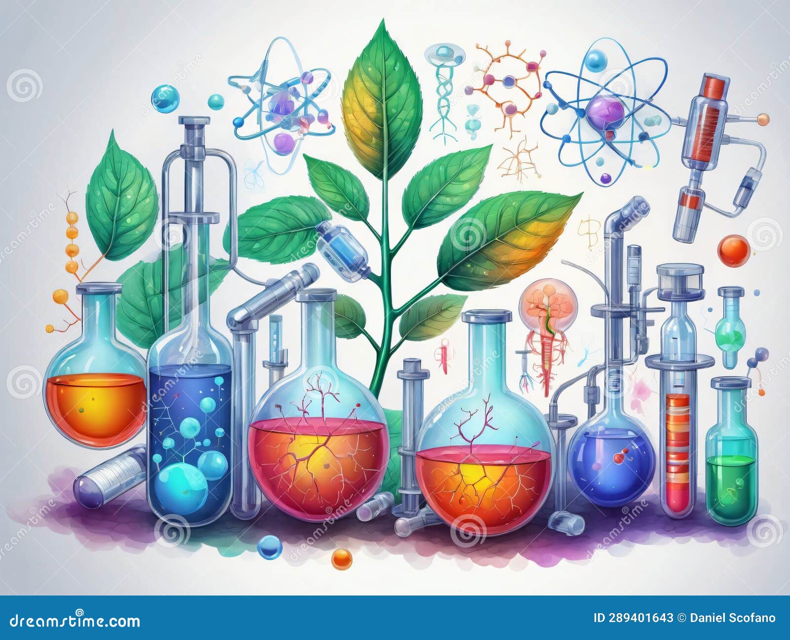 A Group of Glass Flasks Filled with Liquid and Plants. Generative AI ...