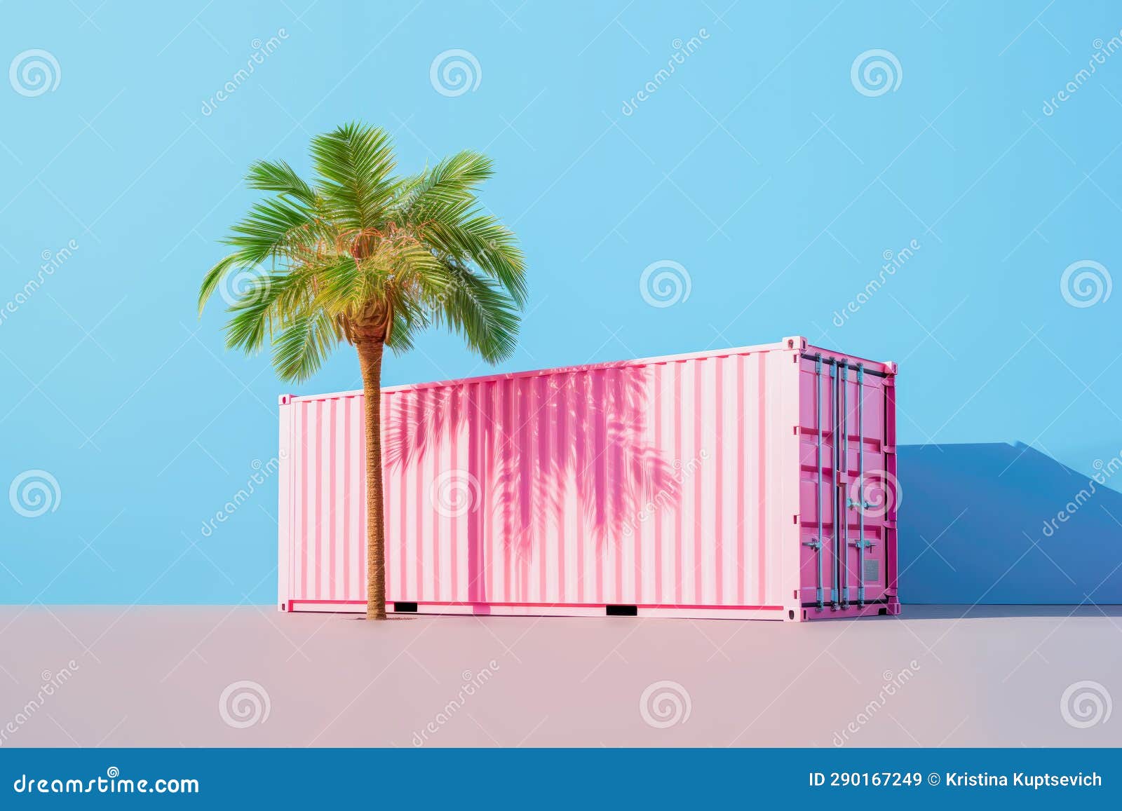 Pink Cargo Container with Palm Tree on Blue Background with Shadow ...