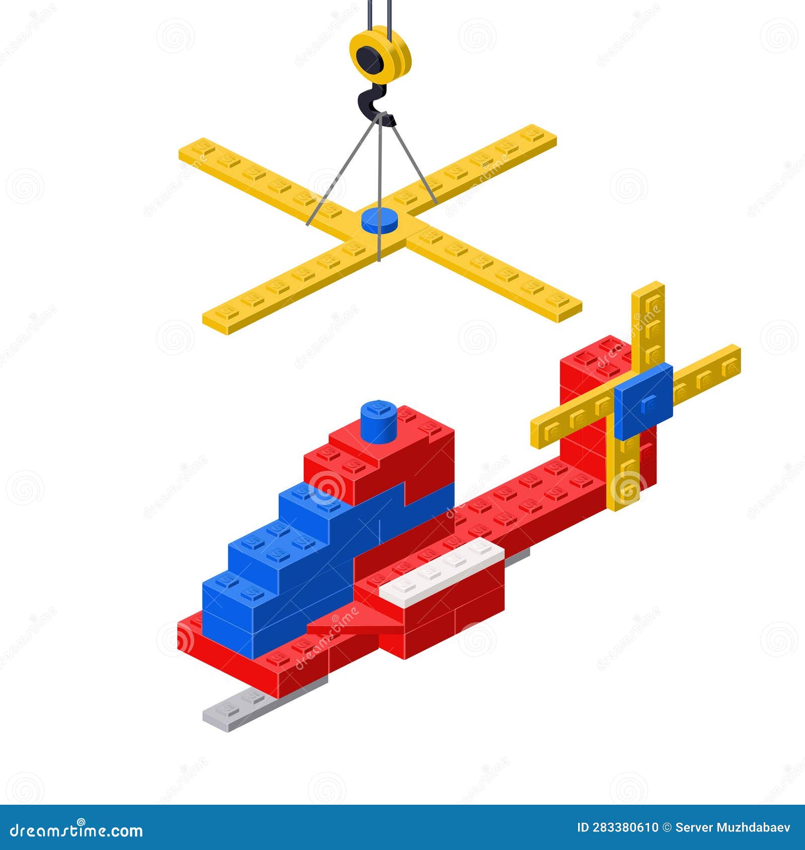 Concept with Helicopter and Crane Assembled from Plastic Blocks in ...