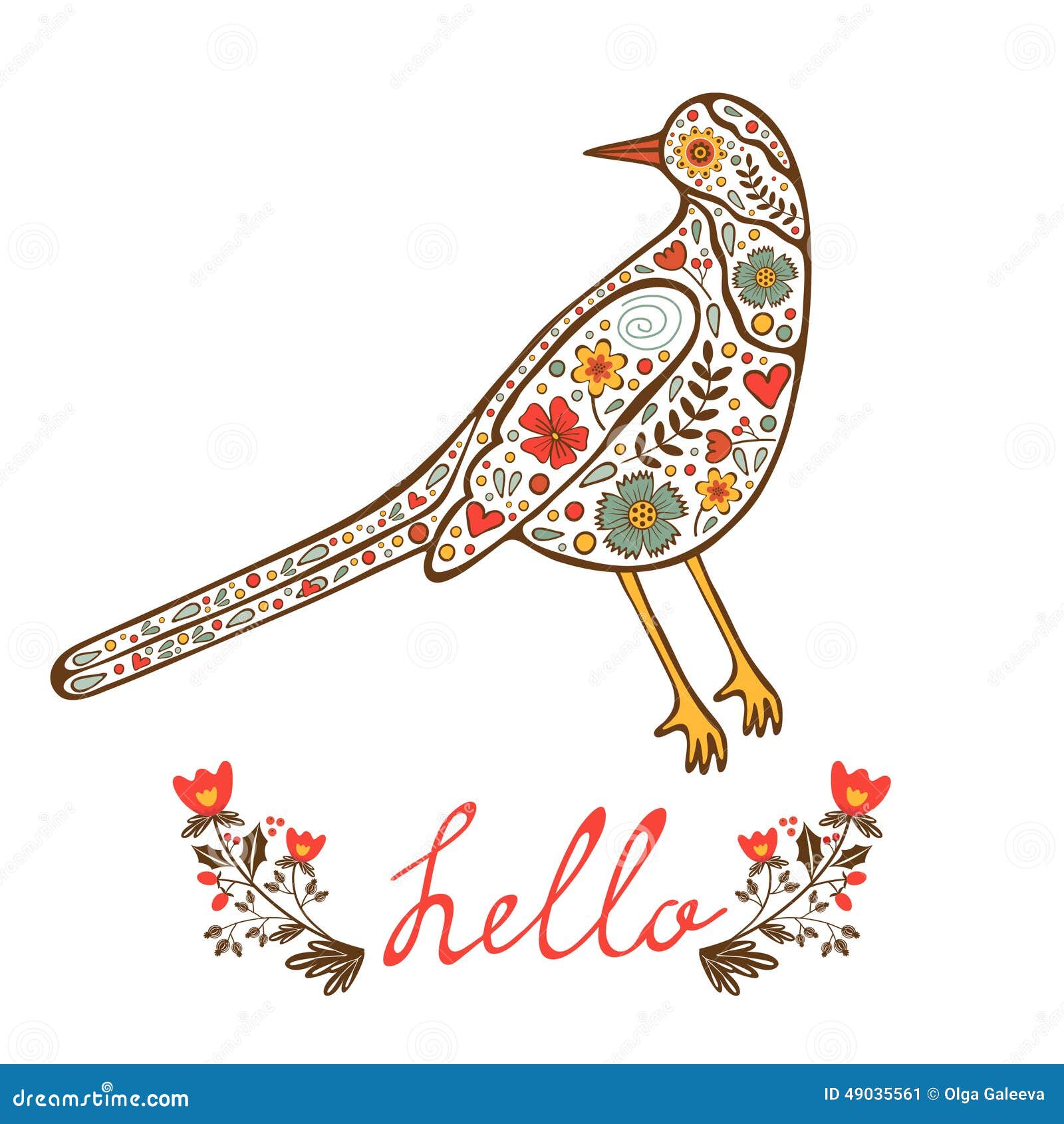 Concept Hello Card with Floral Decorative Bird Stock Vector ...