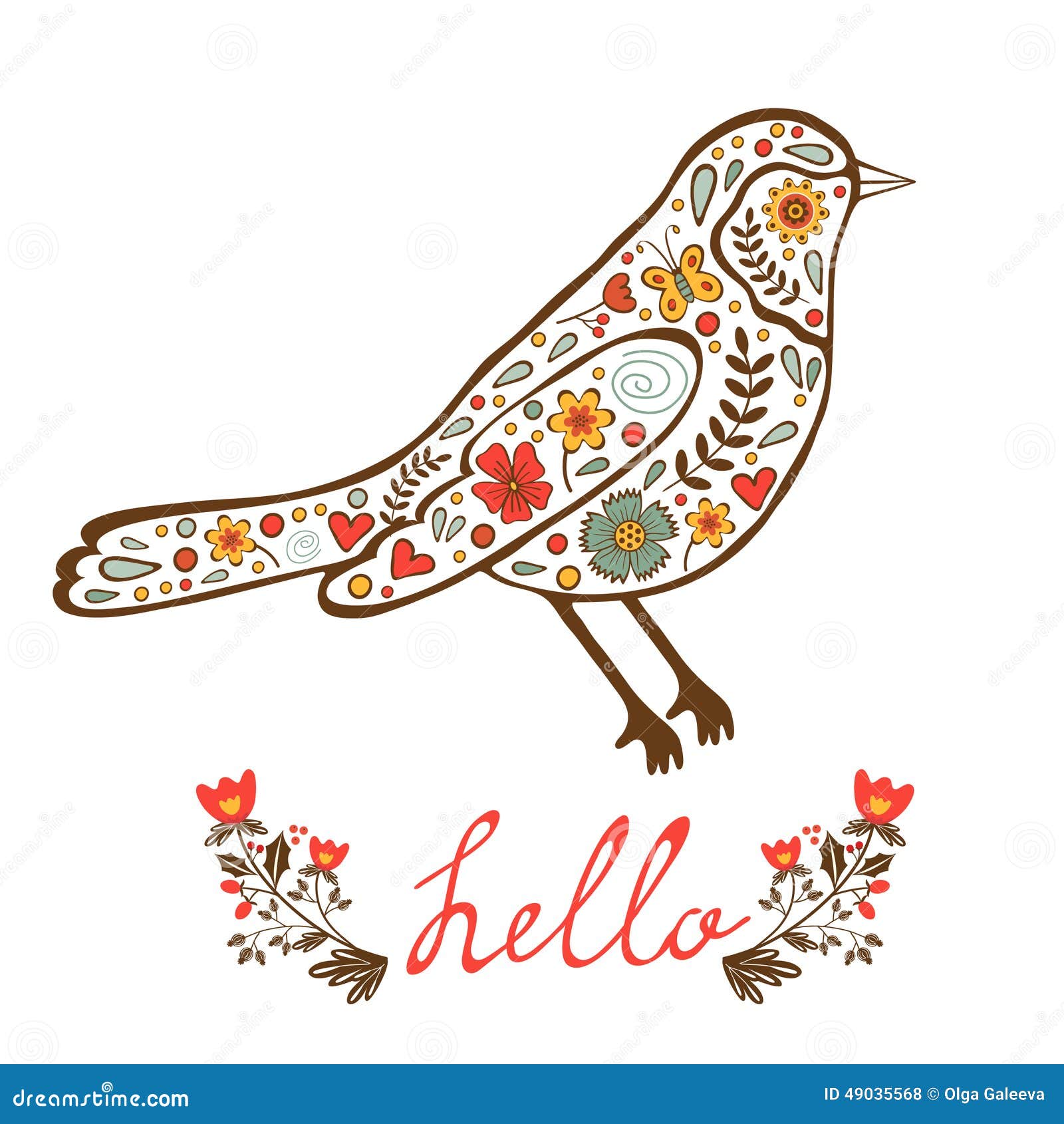 Concept Hello Card with Floral Decorative Bird Stock Vector ...