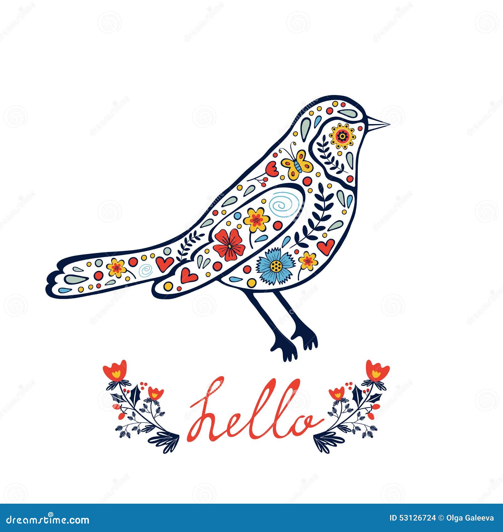 Concept Hello Card with Floral Decorative Bird Stock Vector ...