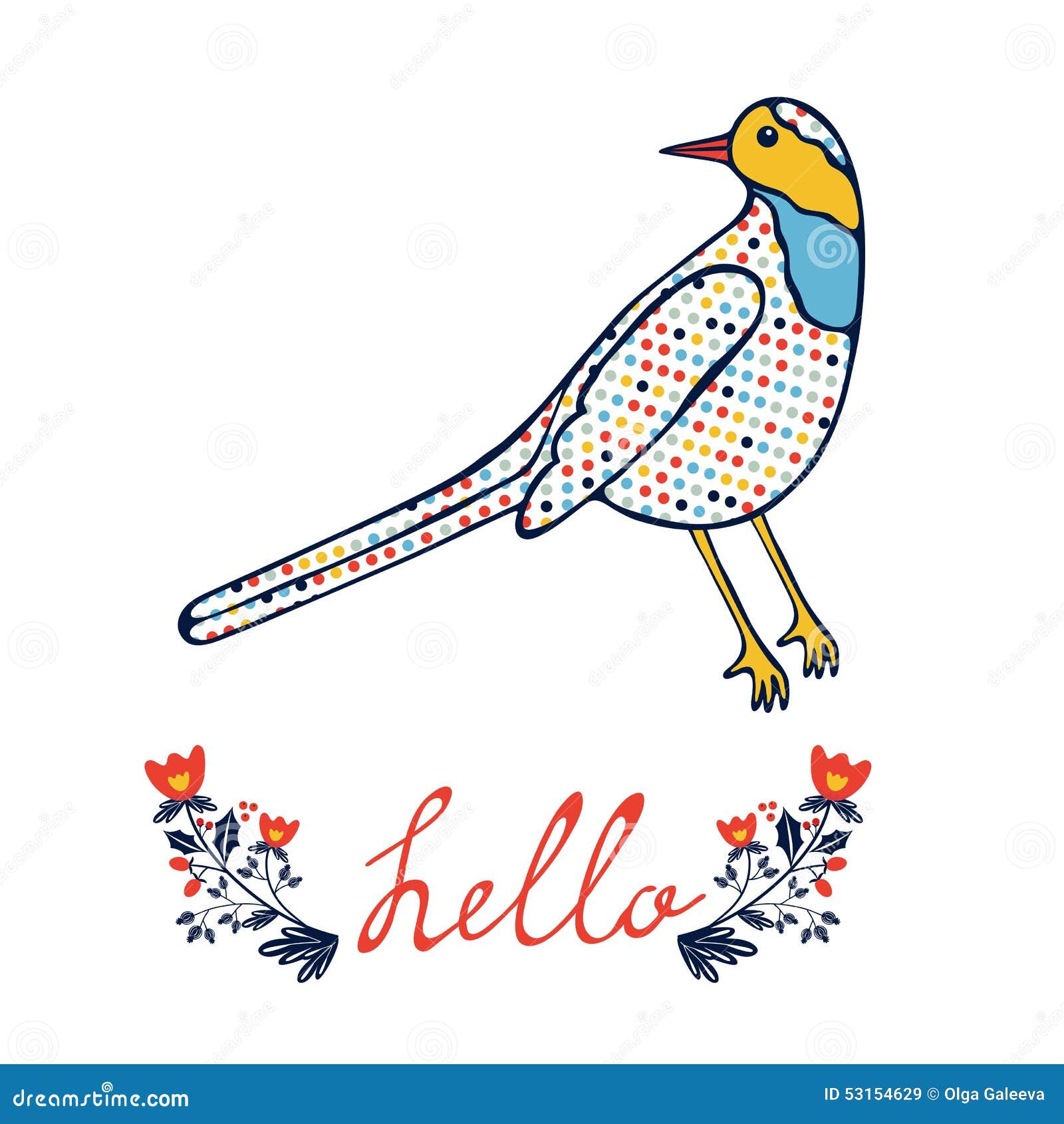 Concept Hello Card with Floral Decorative Bird Stock Vector ...