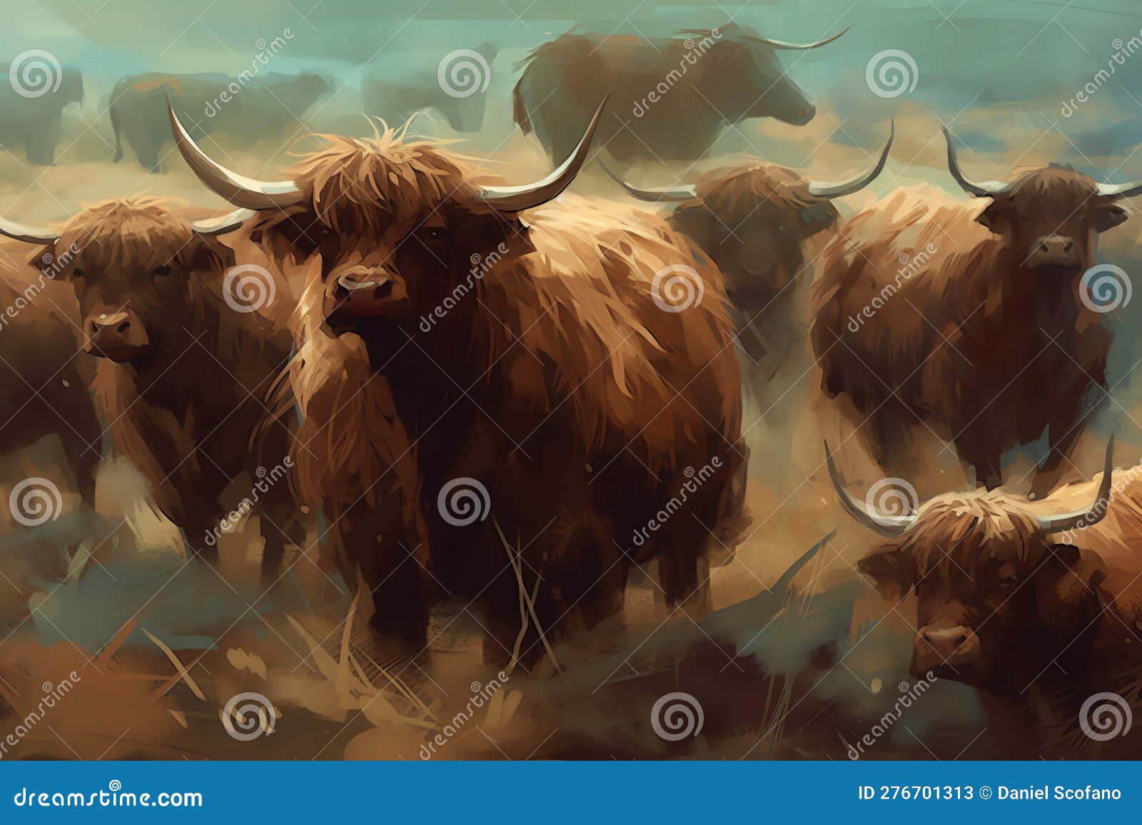 A Herd of Highland Cows Ai Art. Generative AI Stock Illustration ...