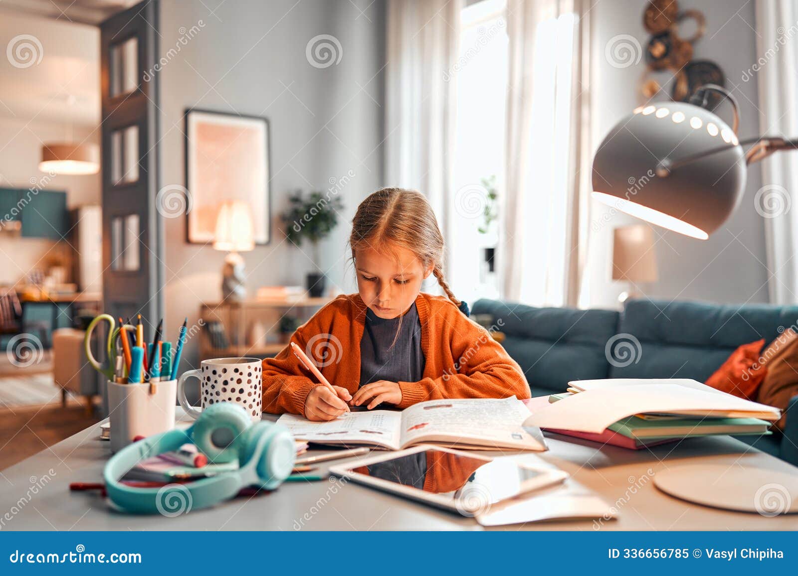 Concept of Homework. Concentrated Girl Using Workbook while Sitting by ...
