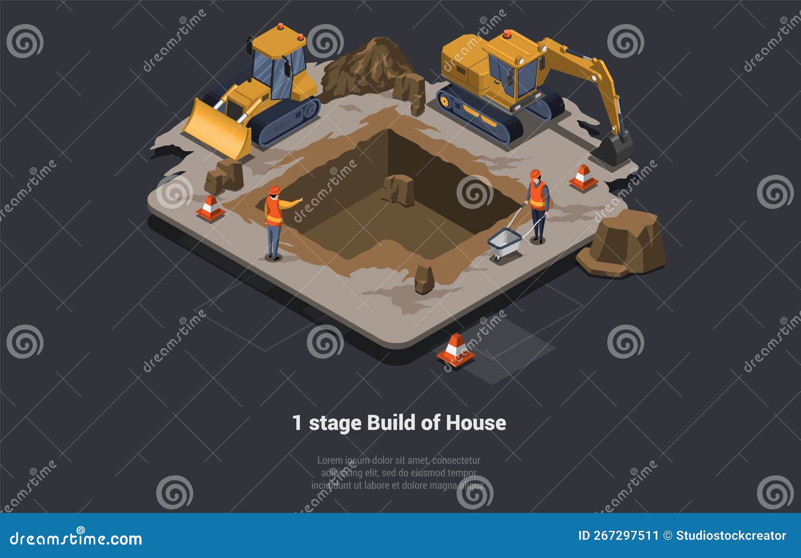 Concept of House Building Stages and Foundation Work. Engineers ...