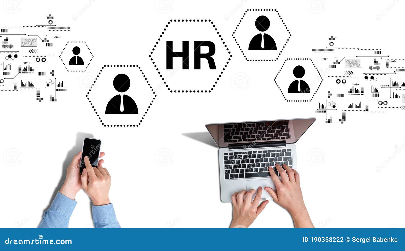 Concept HR. Hands with Smartphone and Typing on a Laptop with Graphics ...