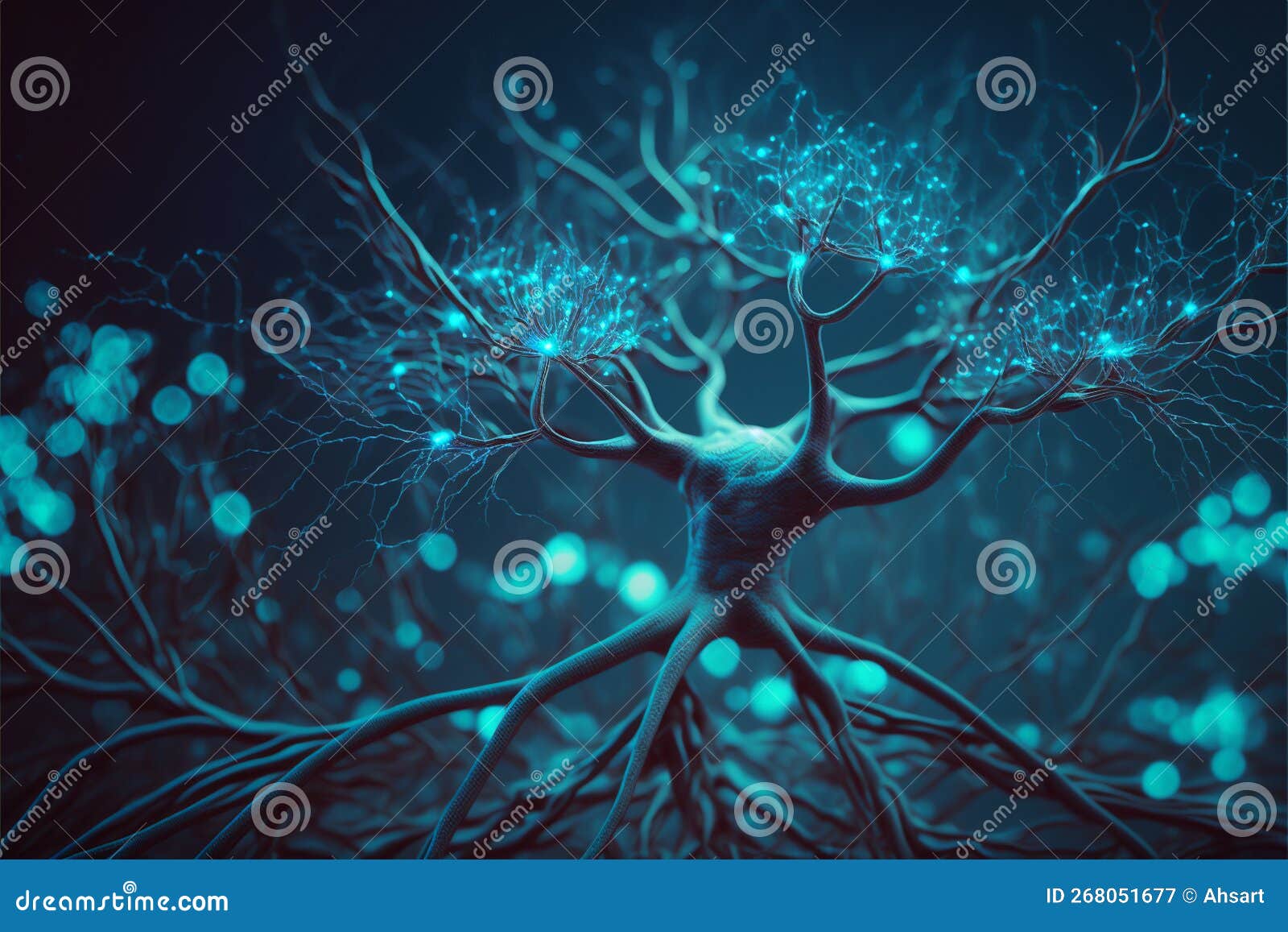 Human Brain with Blue Glowing Connection Made from Roots of Tree on ...
