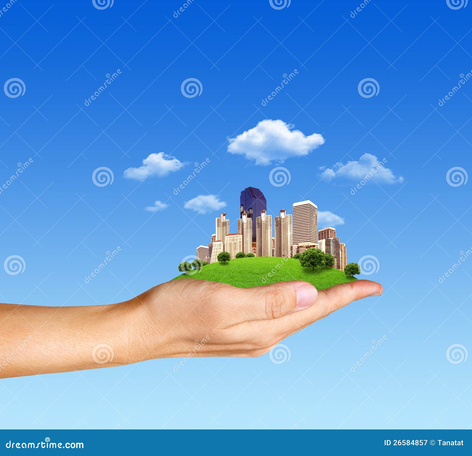 Concept Human Hand Holding a City on Green Grass Stock Illustration ...