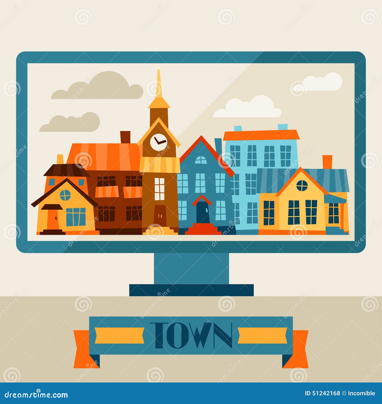 Concept Illustration with Computer and City Stock Vector - Illustration ...