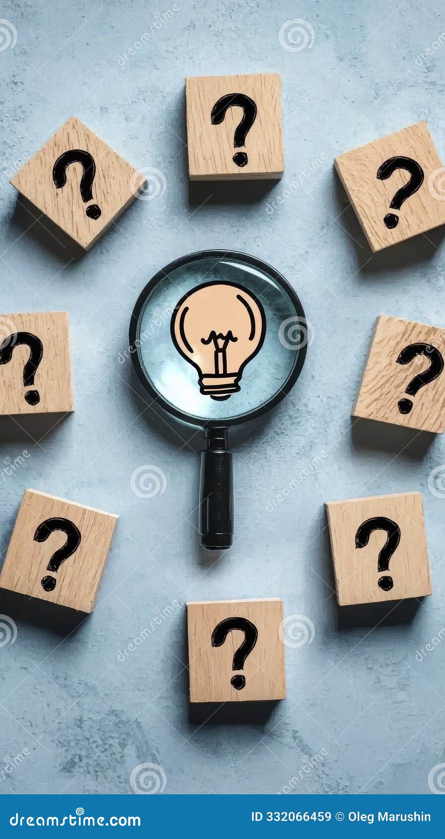 A Glowing Light Bulb Under a Magnifying Glass among Cubes with Question ...