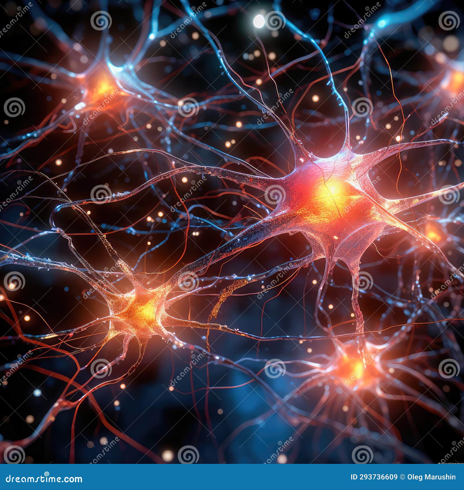 Illustration of a Human Nerve Cell on a Dark Blue Background with Light ...