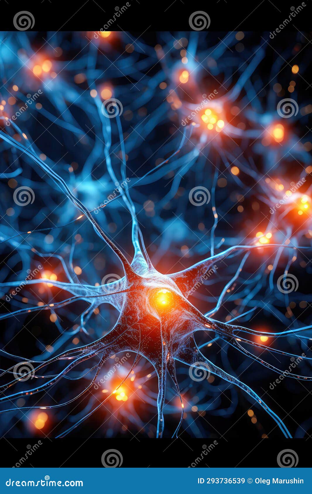 Illustration of a Human Nerve Cell on a Dark Blue Background with Light ...