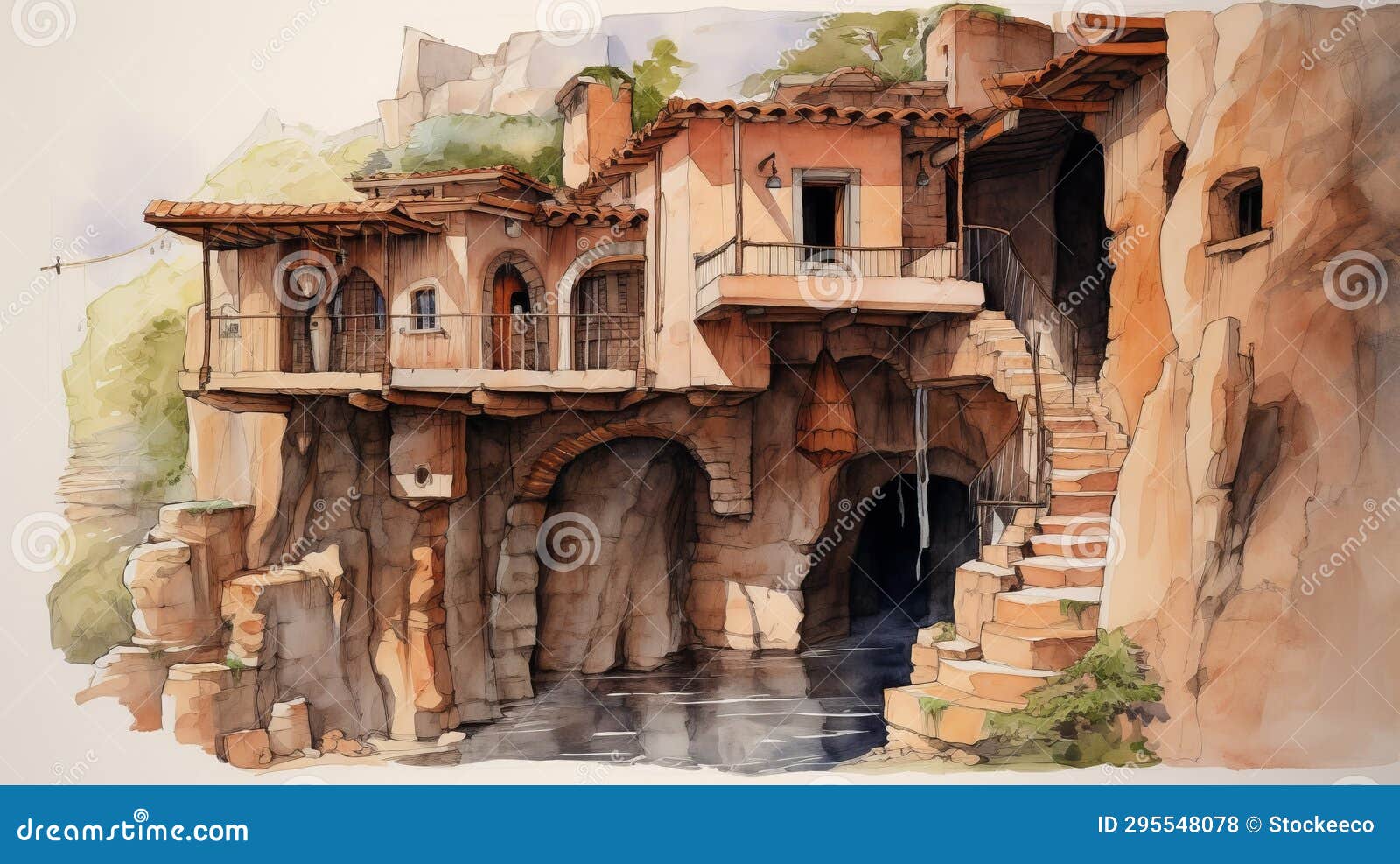 Concept Illustration of Orientalist House on Cliff with Romanesque ...