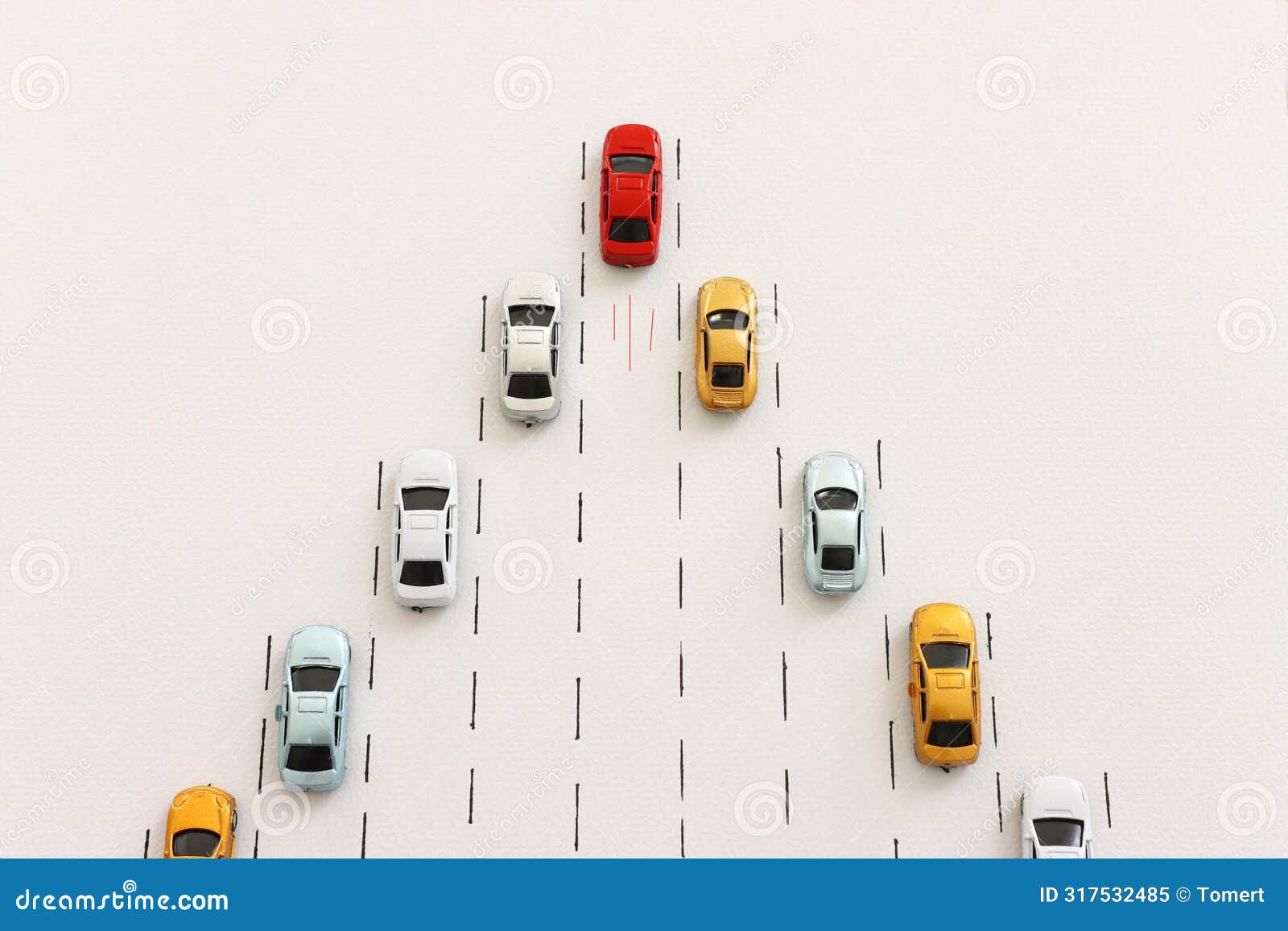 Concept Image of Challenge and Teamwork. Red Car Leading the Group ...