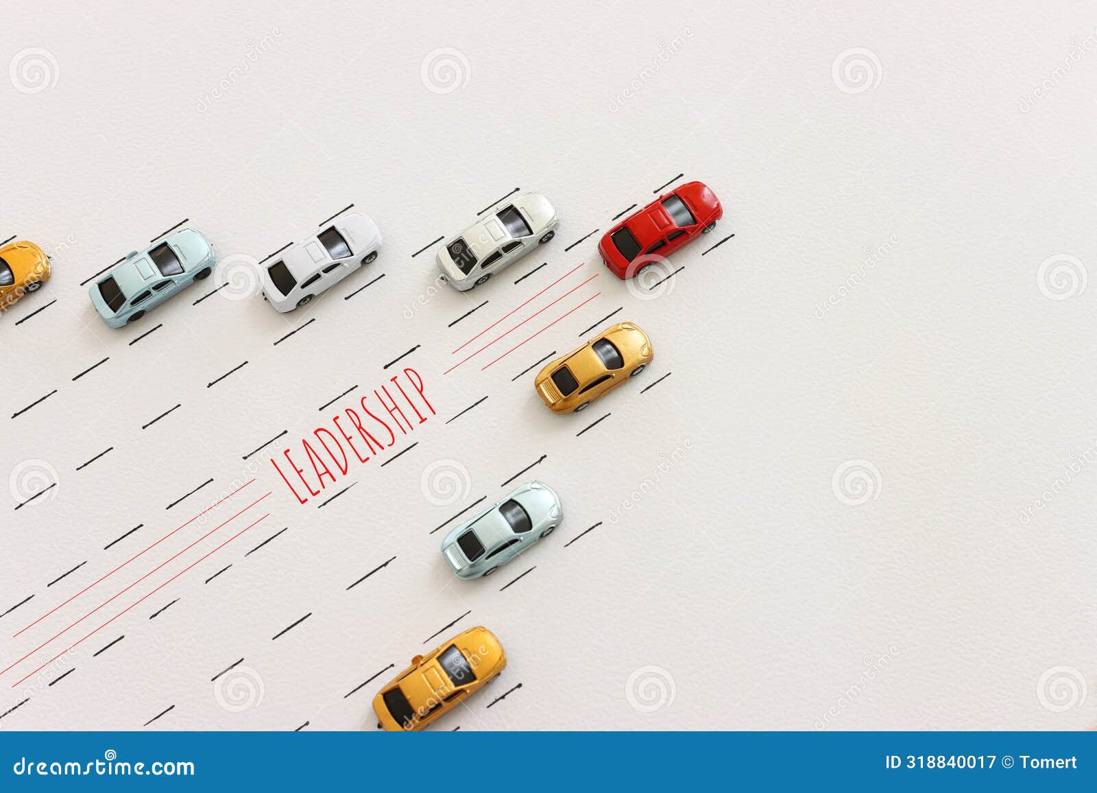Concept Image of Challenge and Teamwork. Red Car Leading the Group ...