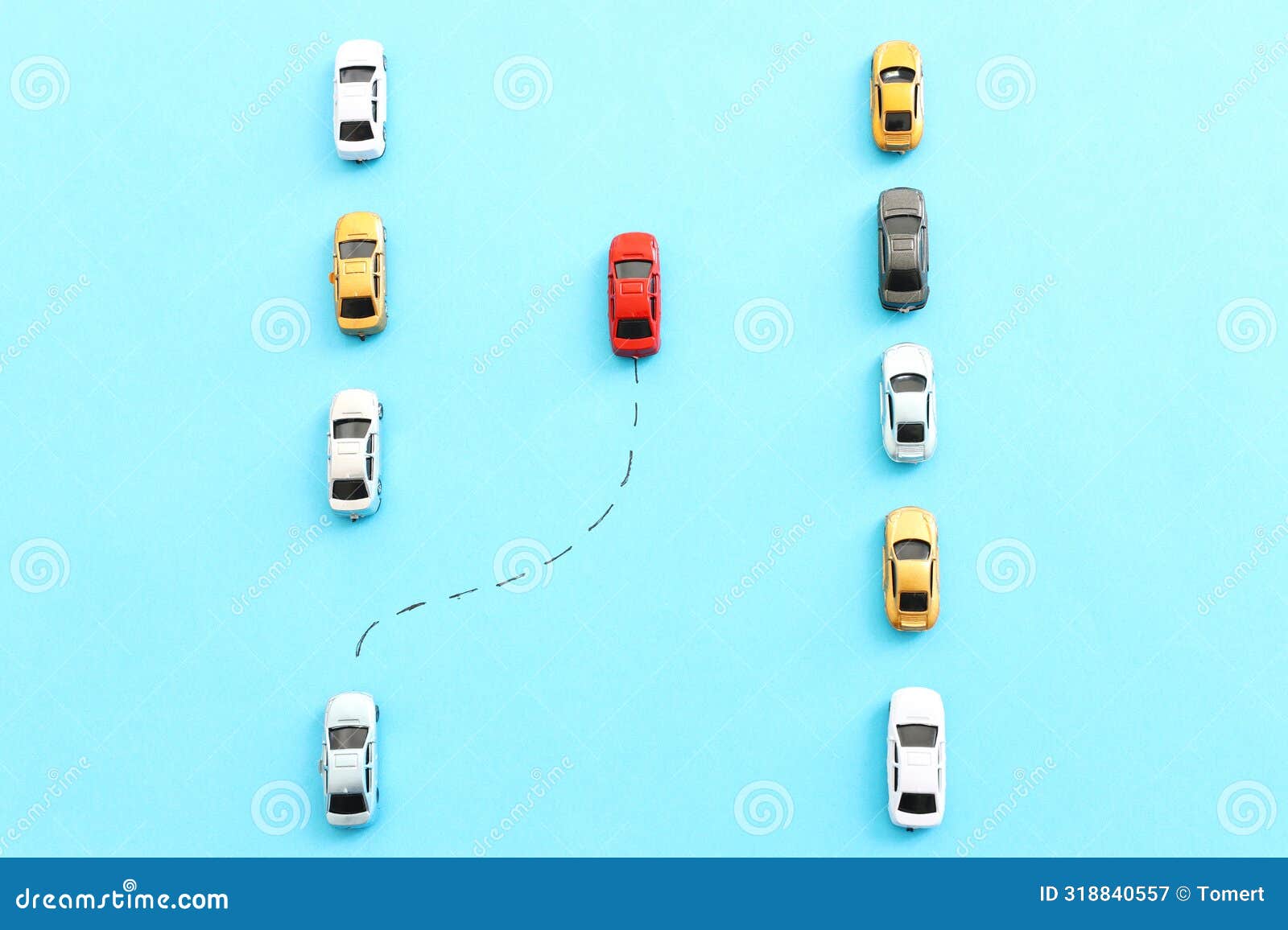Concept Image of Challenge and Teamwork. Red Car Leading the Group ...