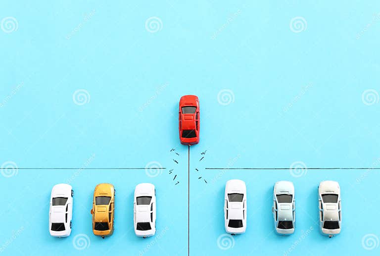 Concept Image of Challenge and Teamwork. Red Car Leading the Group ...