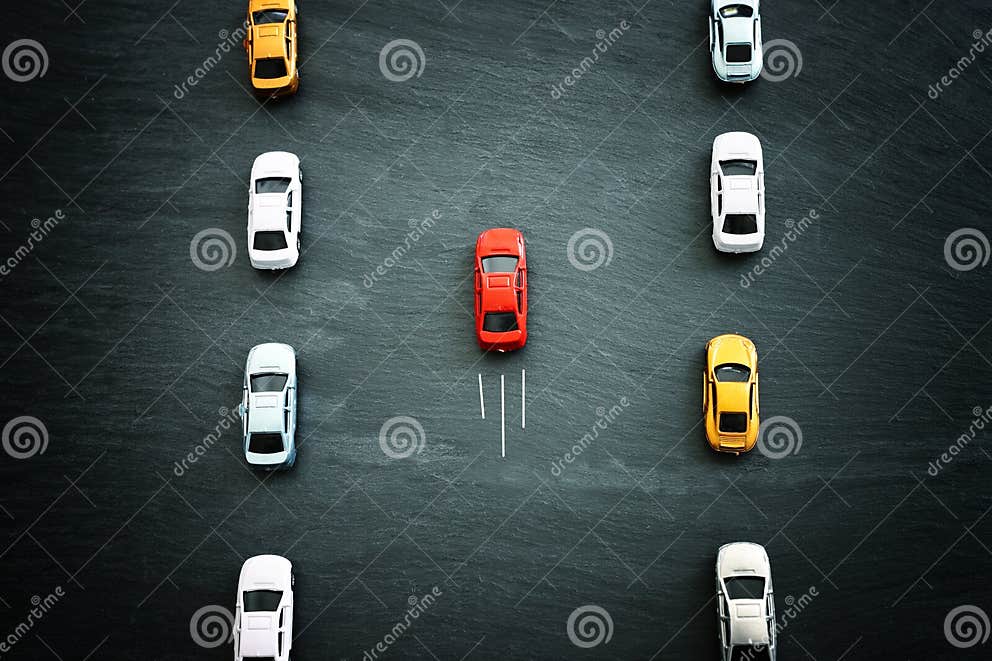 Concept Image of Challenge and Teamwork. Red Car Leading the Group ...