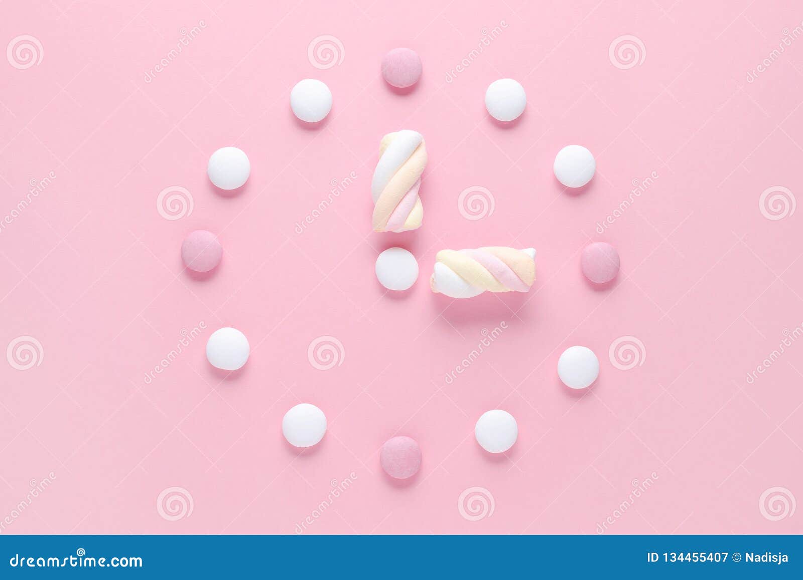 Concept Image, a Clock with Candy and Marshmallow, Pastel Colors on ...