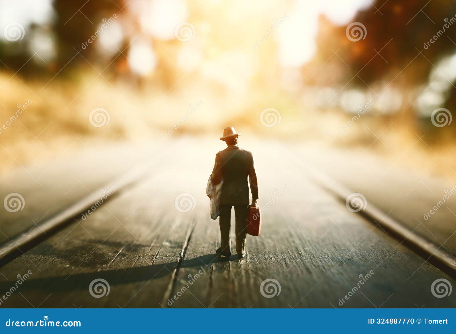 Concept Image of Lonely Figure Walking in Sunset Towards the Horizon ...