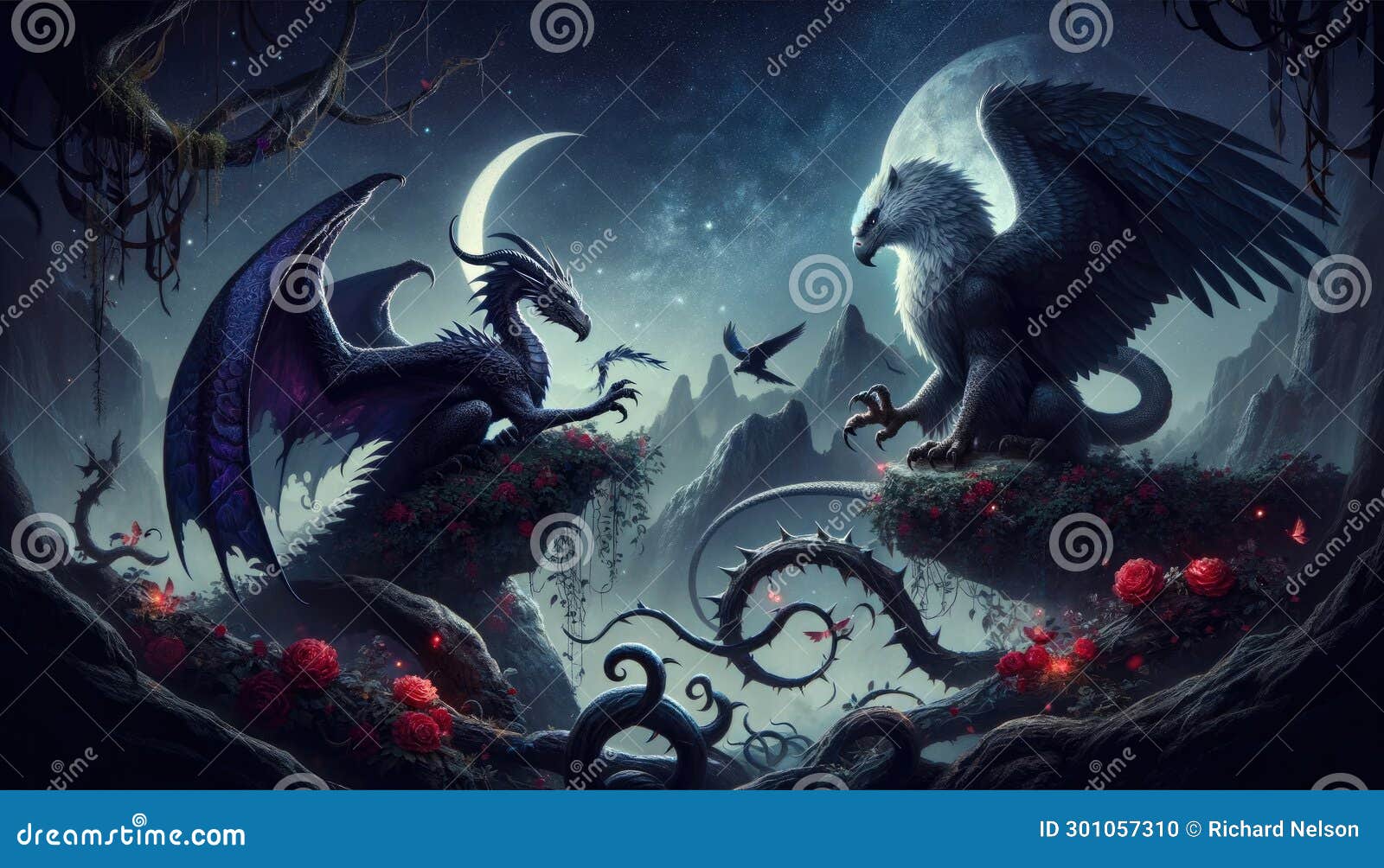 Two Mythical Creatures in a Romantic Moonlit Setting Stock Illustration ...