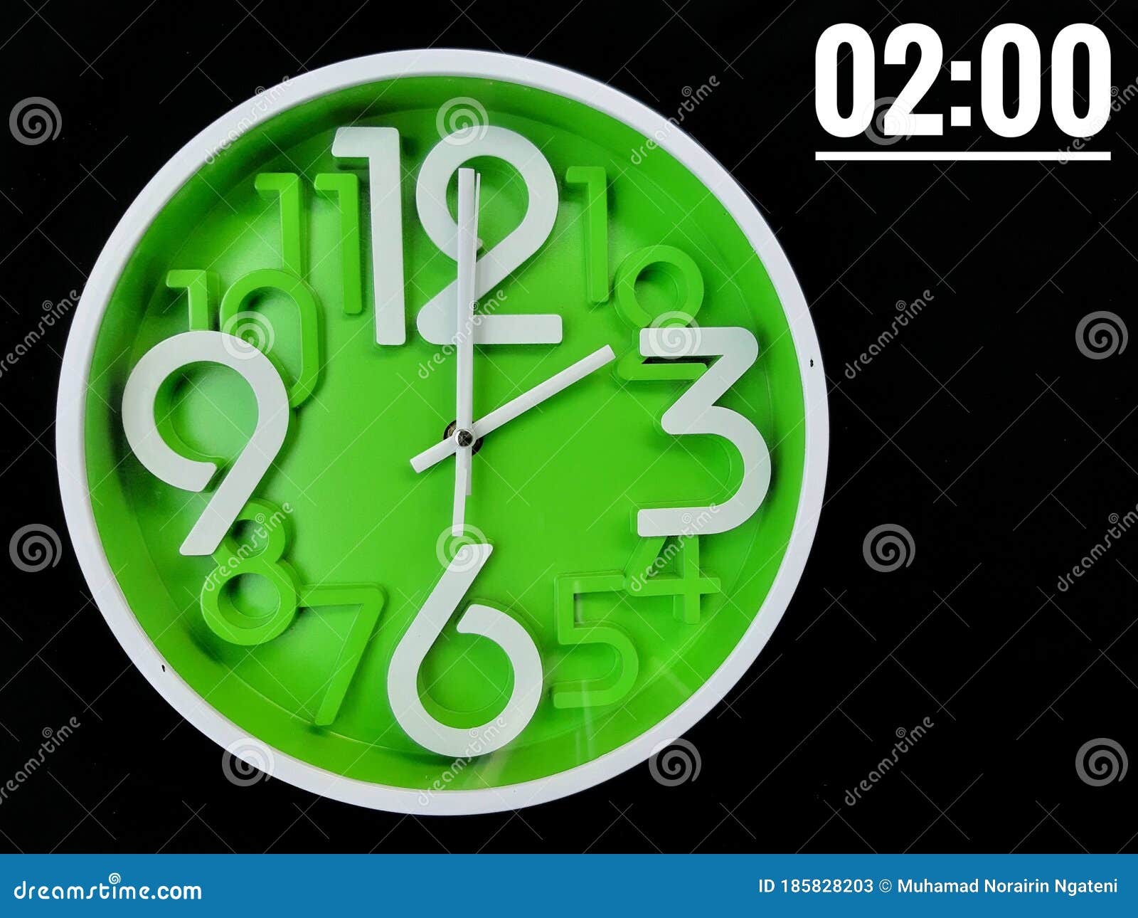 Concept Image with Word 02:00. Clock on Black Background.Time is 2am or ...