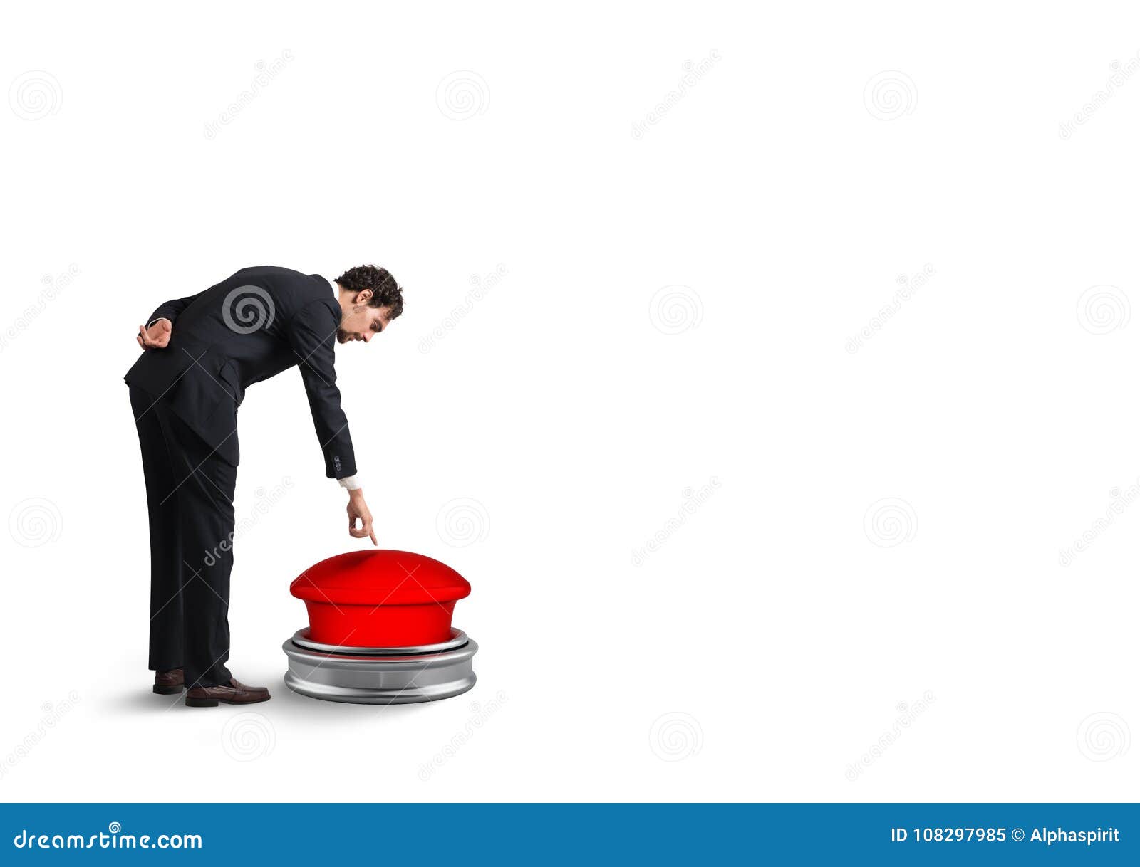 Businessman Launches Rocket Pushing a Red Button. 3D Rendering Stock ...
