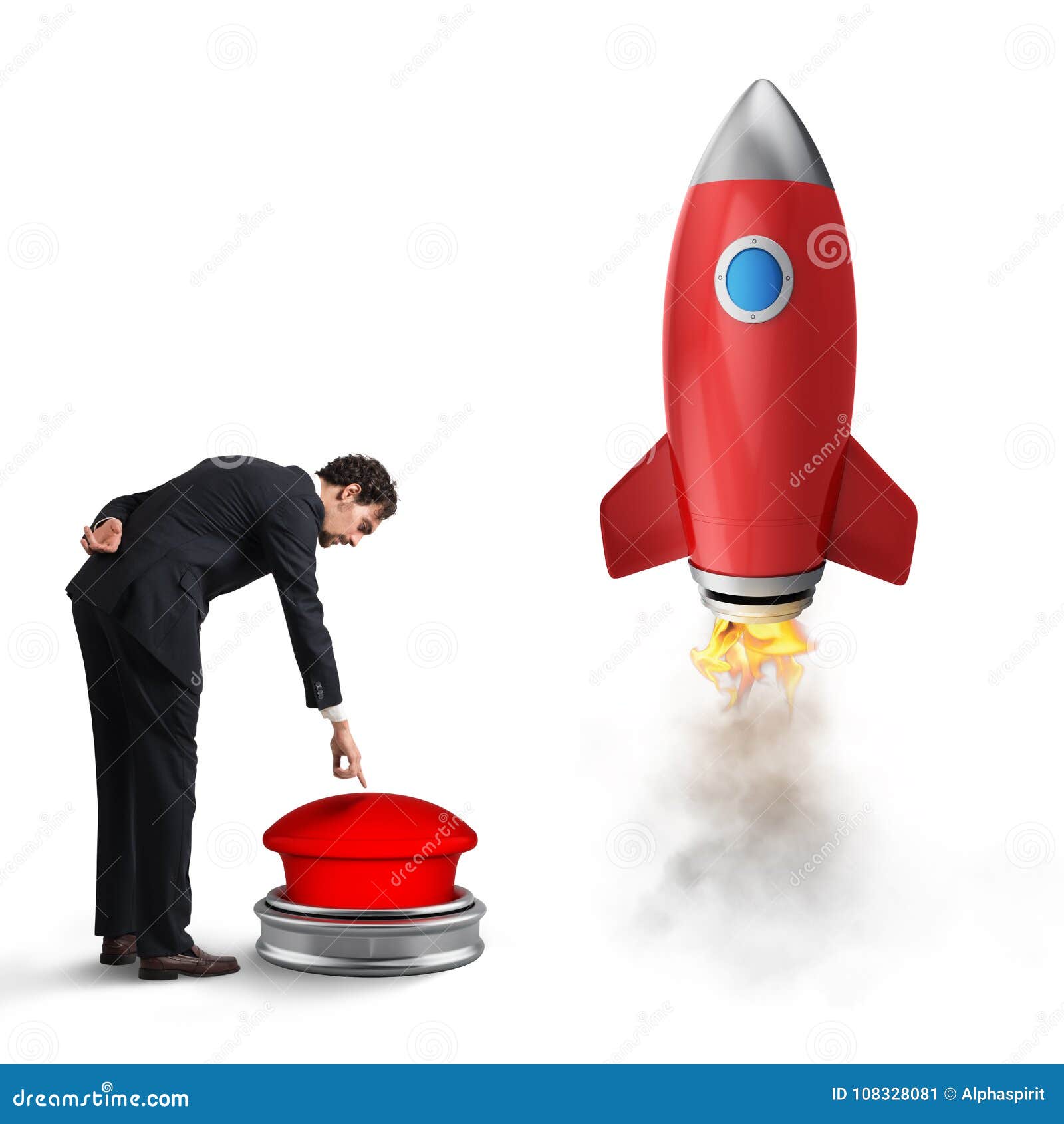 Businessman Launches Rocket Pushing a Red Button. 3D Rendering Stock ...