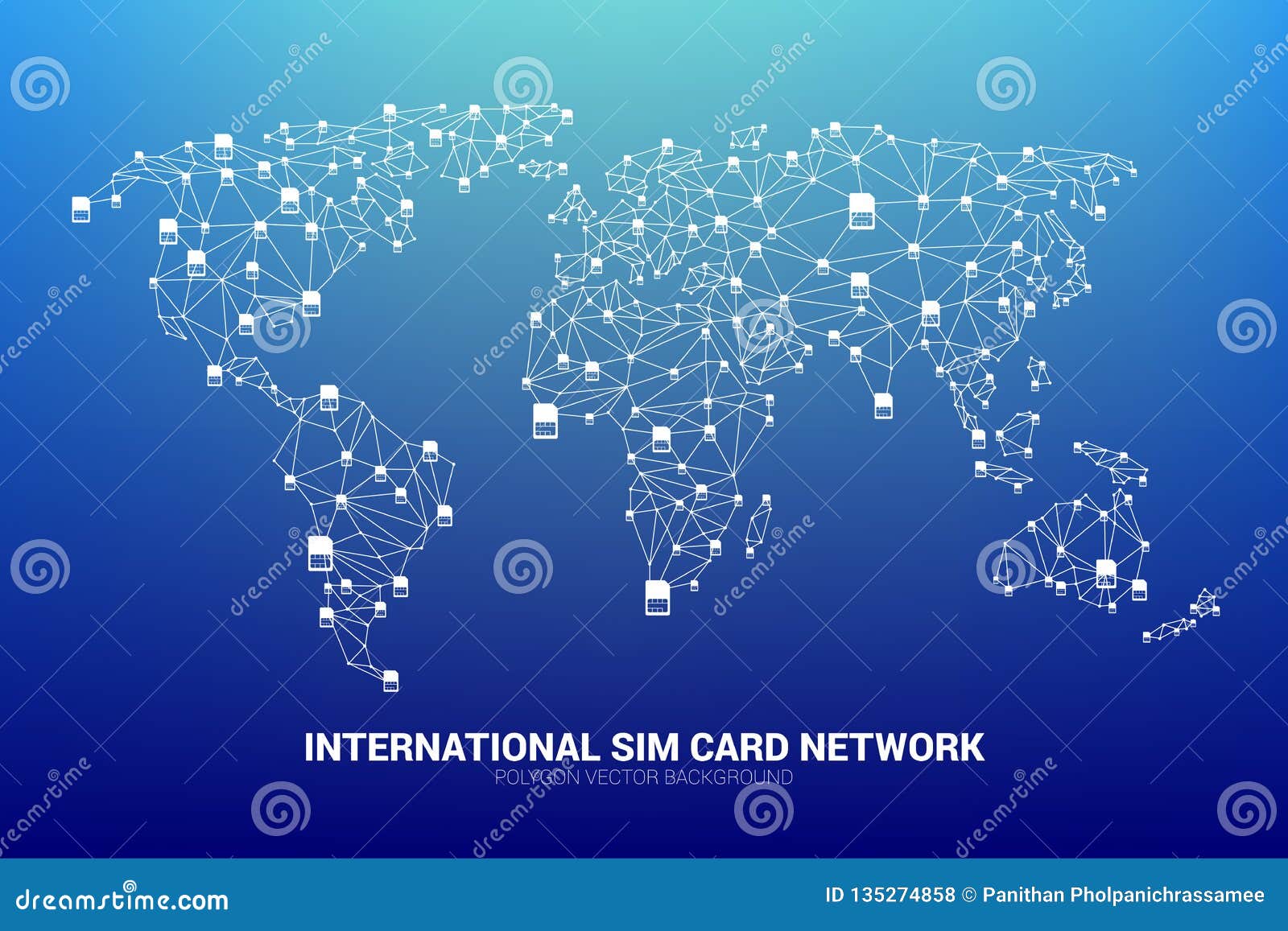Vector Polygon Sim Card Network Connect Line To World Map Shape. Stock ...