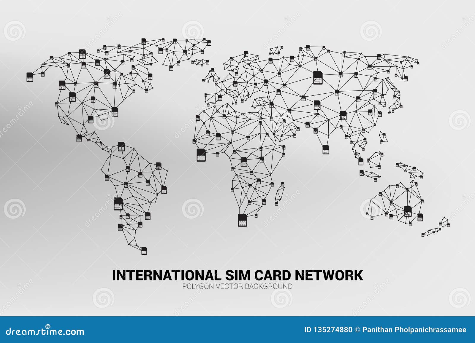 Vector Polygon Sim Card Network Connect Line To World Map Shape. Stock ...