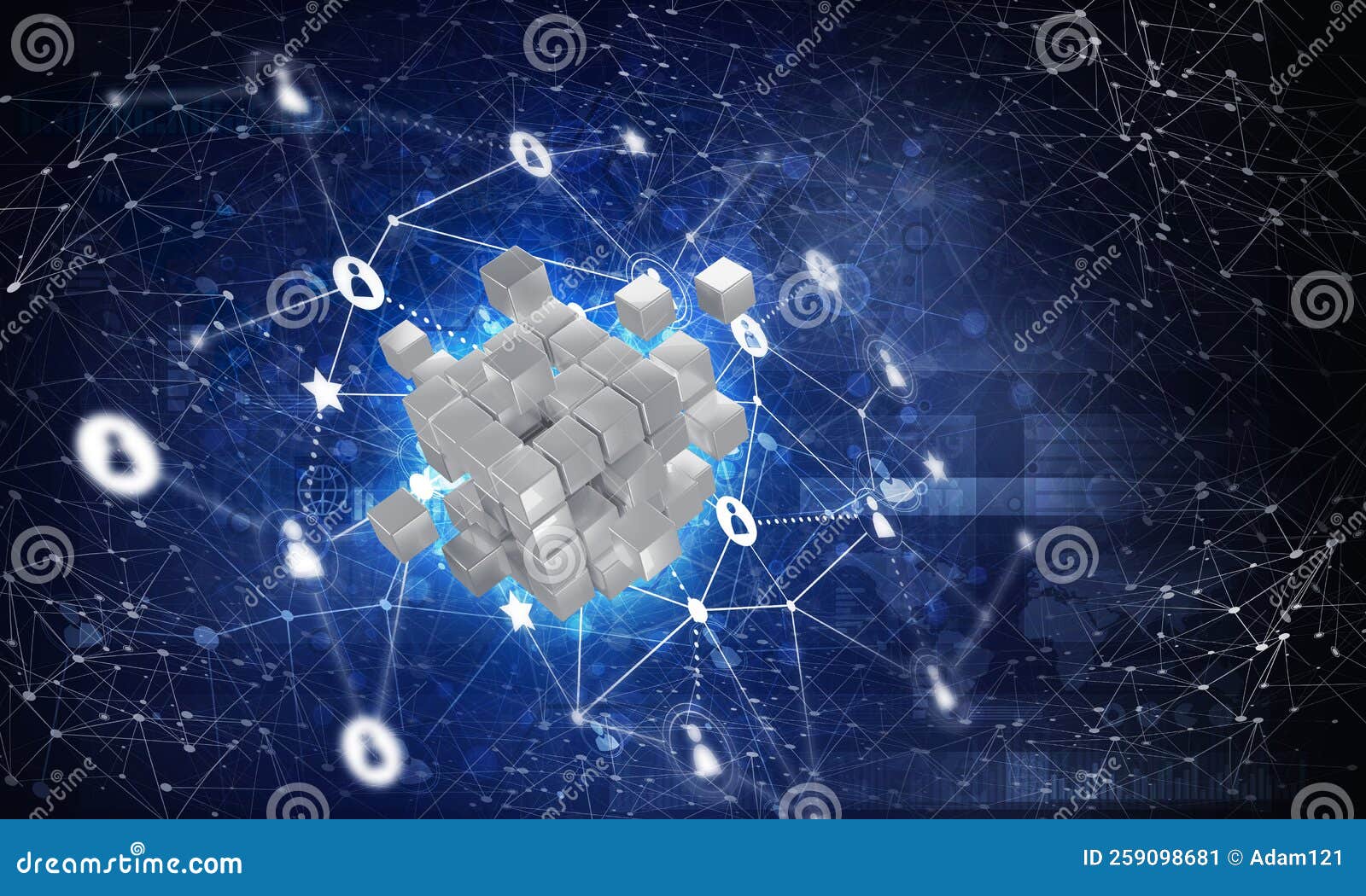 Concept of Internet and Networking with Digital Cube Figure on Dark ...