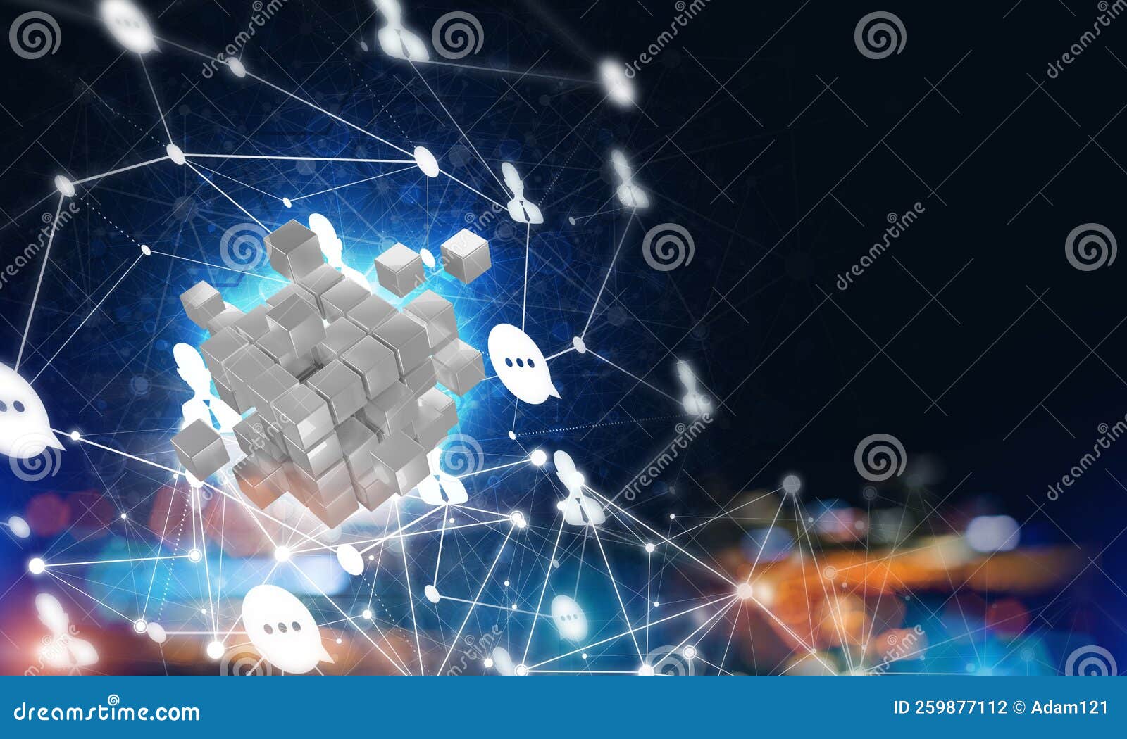 Concept of Internet and Networking with Digital Cube Figure on Dark ...