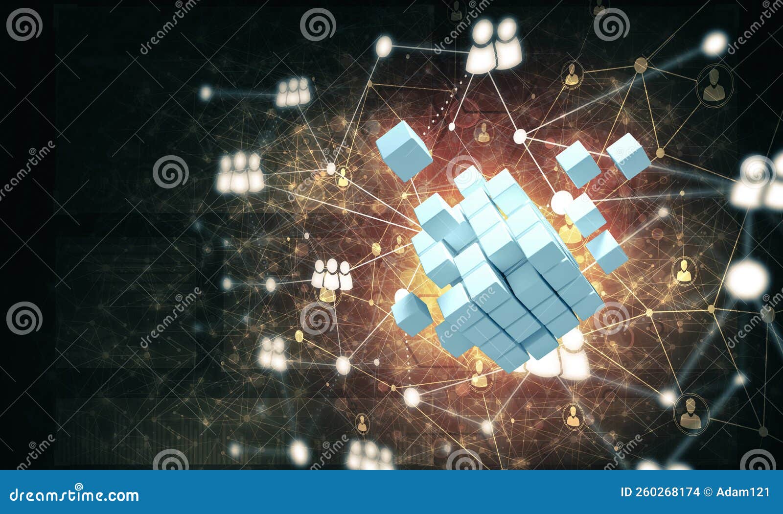 Concept of Internet and Networking with Digital Cube Figure on Dark ...
