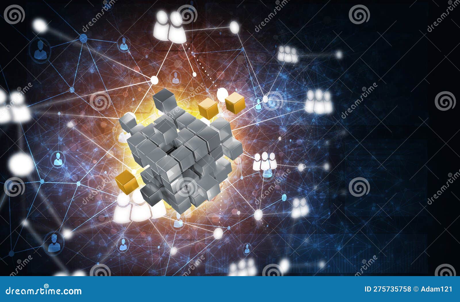 Concept of Internet and Networking with Digital Cube Figure on Dark ...